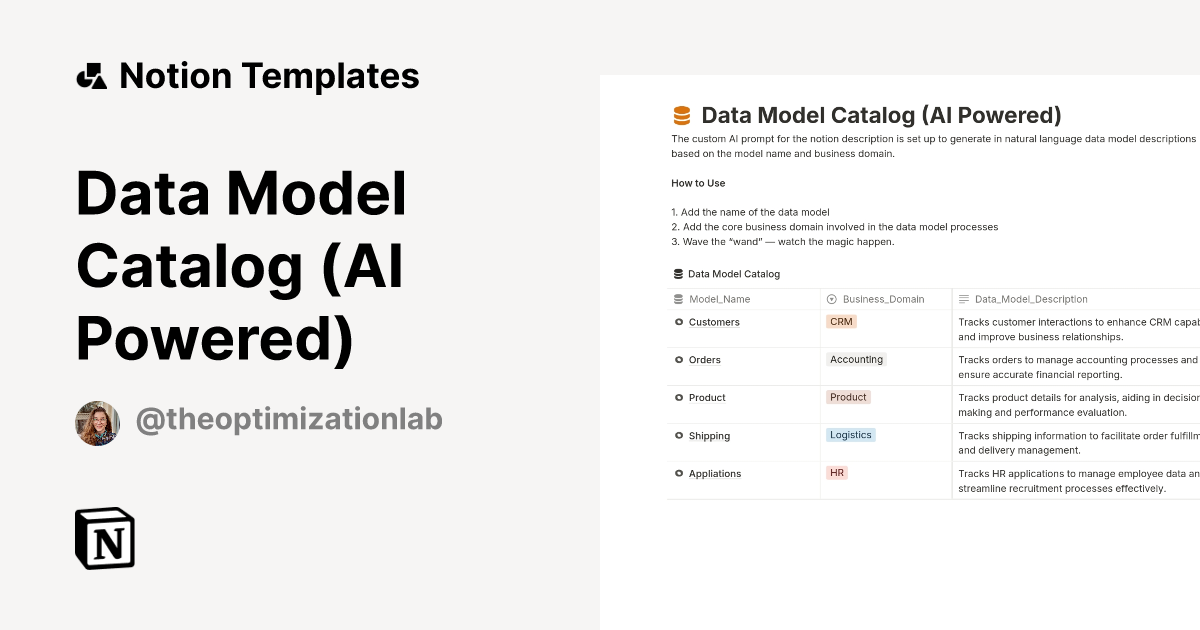 Data Model Catalog (AI Powered) Template by Tera Earlywine | Notion Marketplace