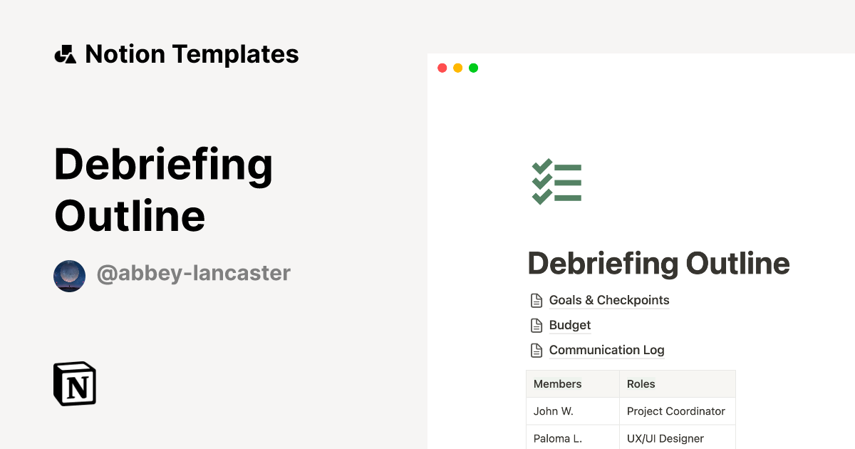 Debriefing Outline Template by Abbey Lancaster | Notion Marketplace
