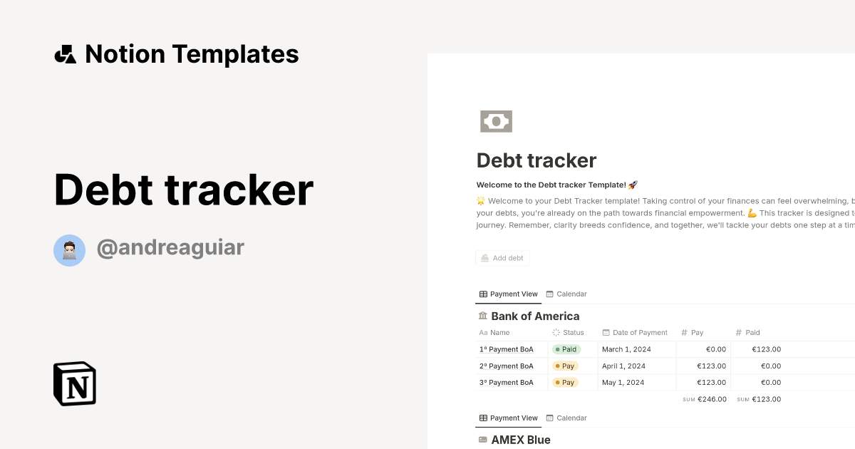 Debt tracker Template by André Aguiar | Notion Marketplace