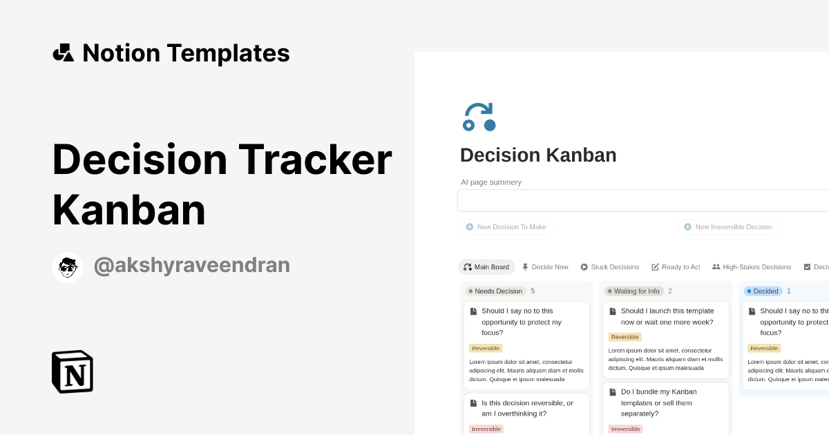 Decision Tracker Kanban Template | Notion Marketplace