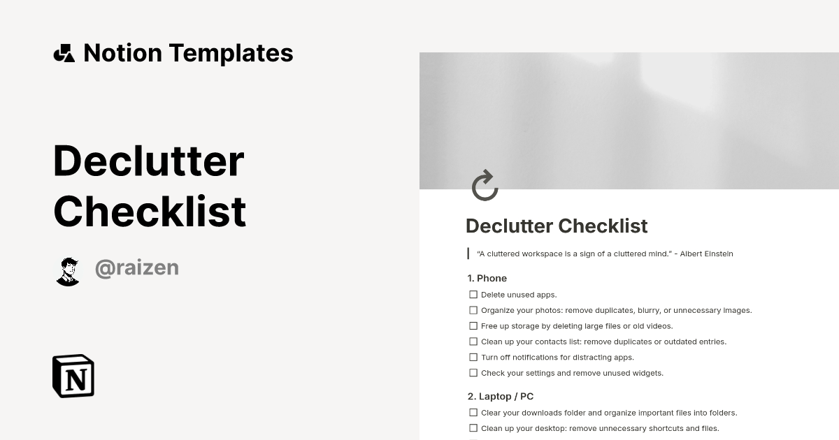 Declutter Checklist Template by Raizen | Notion Marketplace