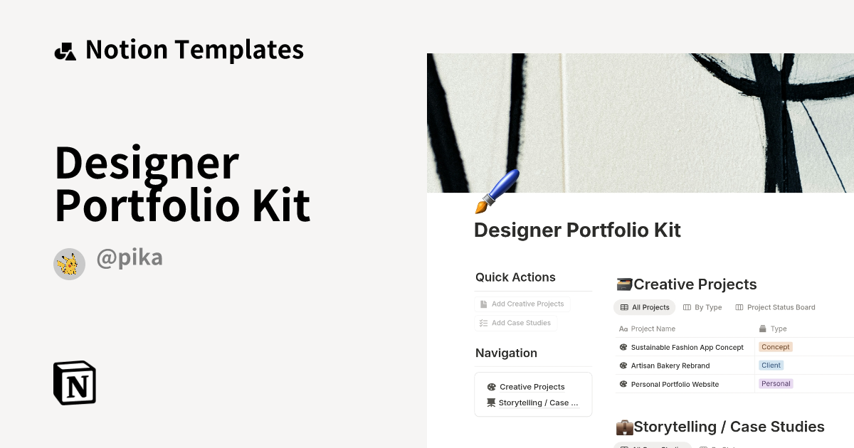 Designer Portfolio Kit Template by Pika | Notion Marketplace