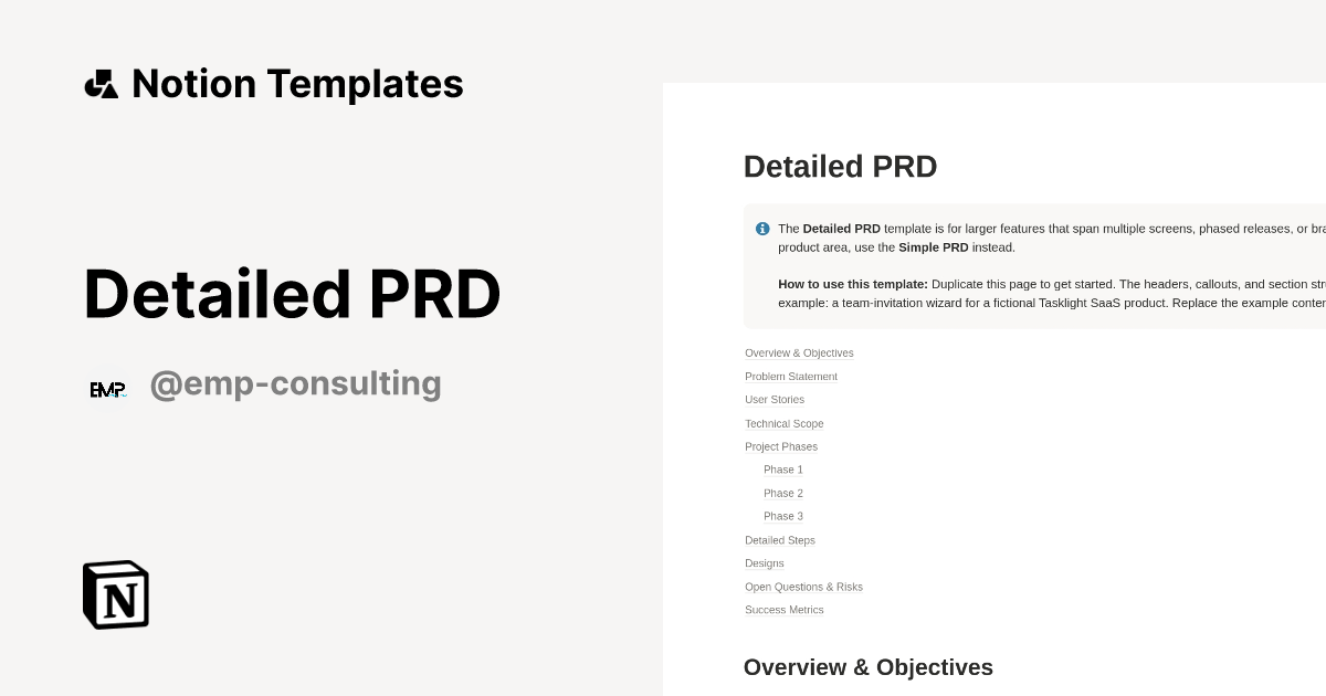 Detailed PRD Template by EMP Consulting | Notion Marketplace