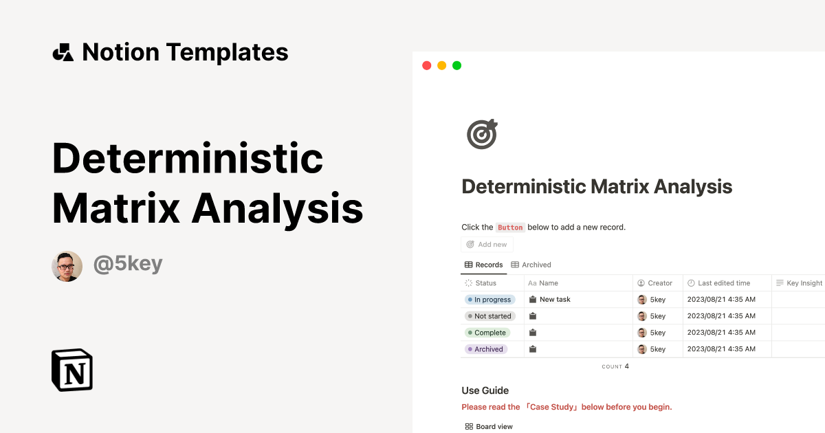 Deterministic Matrix Analysis Template By 5key Notion Marketplace
