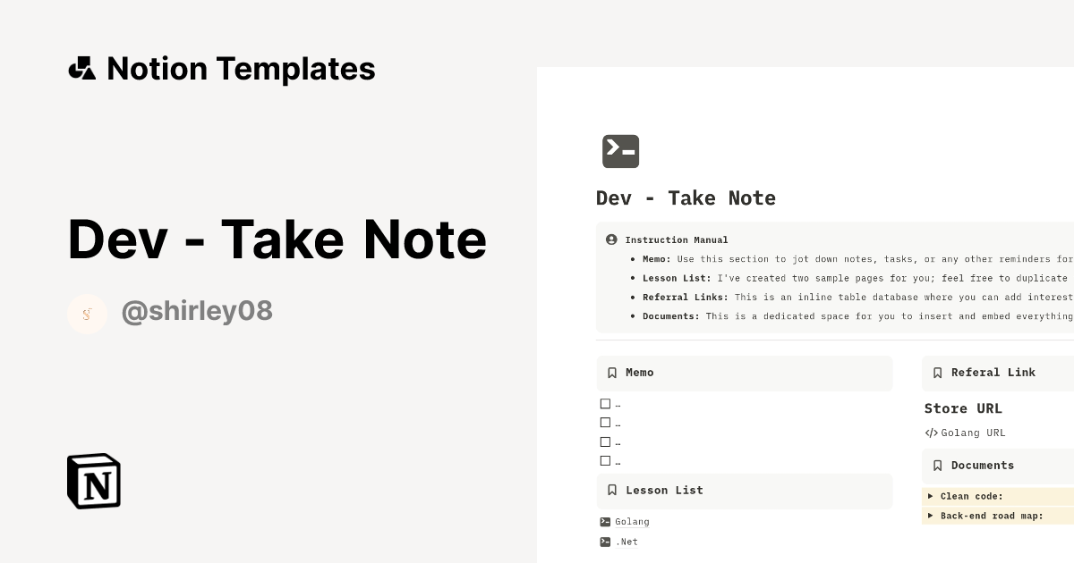 Dev - Take Note Template | Notion Marketplace