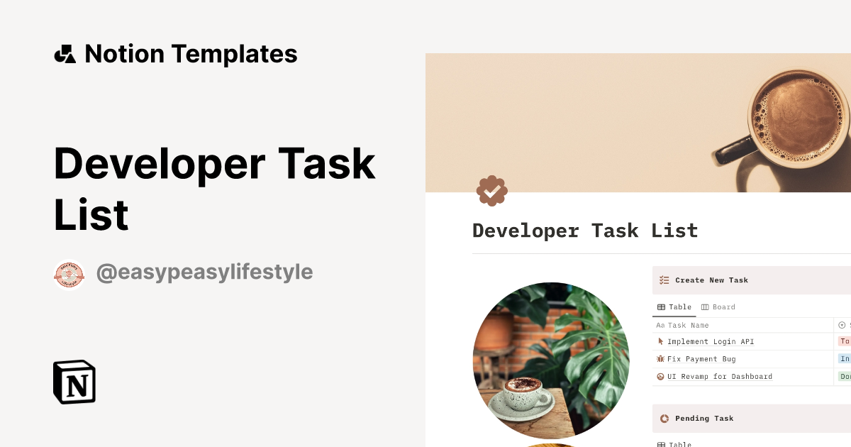 Developer Task List Template by Easy Peasy Lifestyle | Notion Marketplace