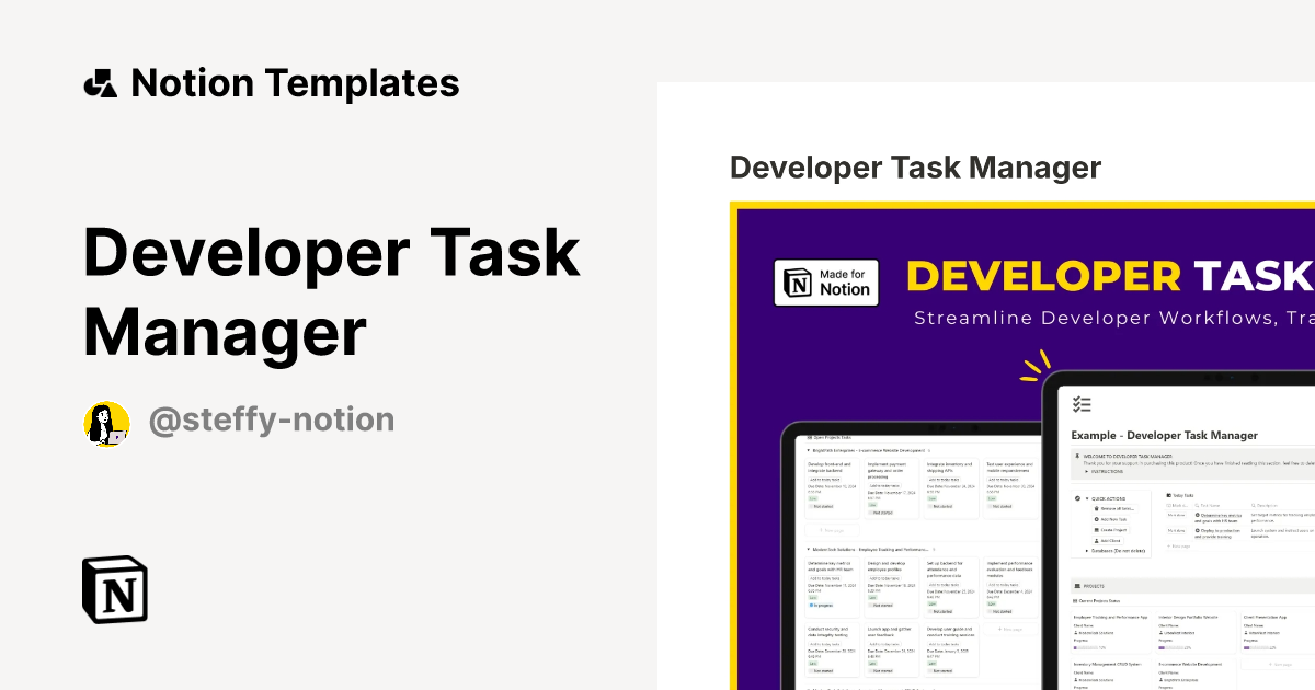 Developer Task Manager Template by Steffy | Notion Marketplace