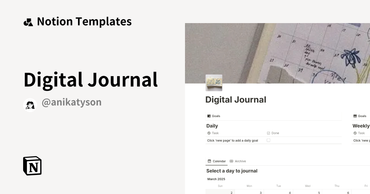 Digital Journal Template by Anika Tyson | Notion Marketplace