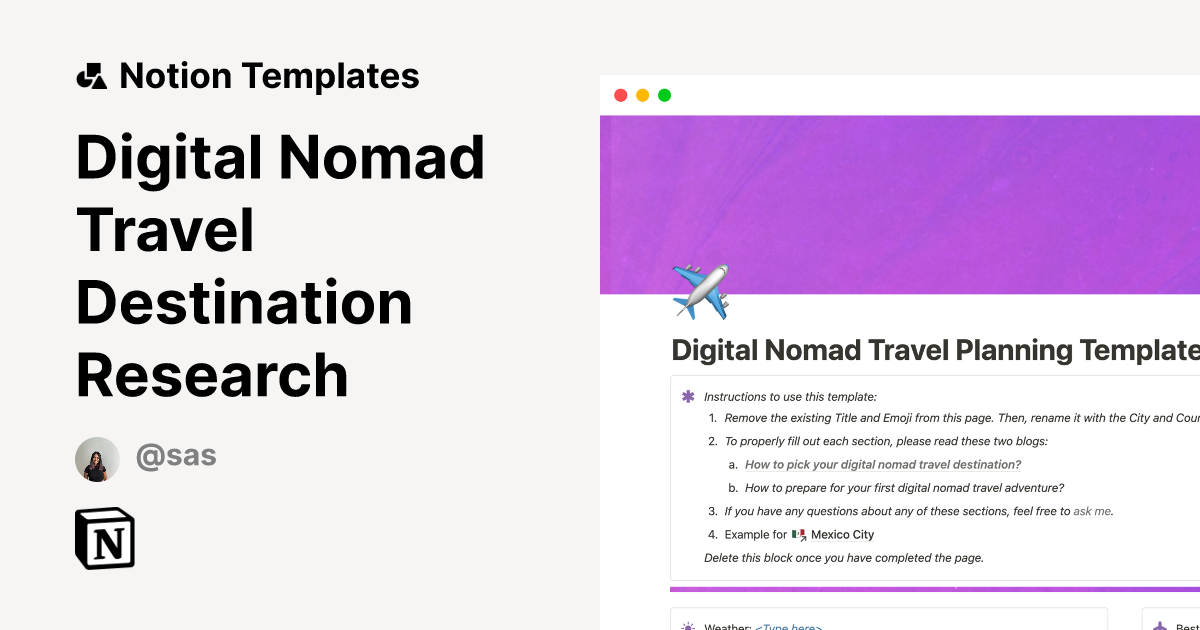 Digital Nomad Travel Destination Research Template by Sasmini | Notion ...