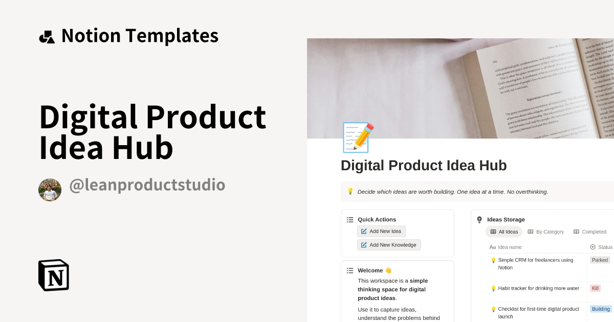 Digital Product Idea Hub Template by Lean Product Studio | Notion ...
