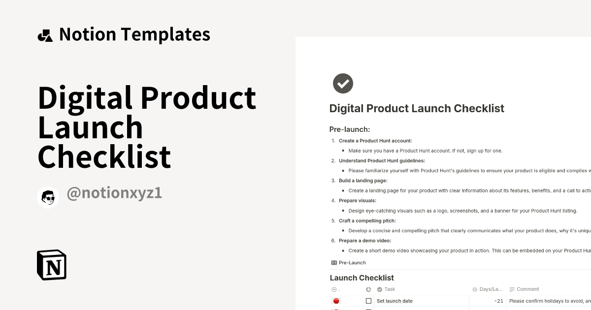 Digital Product Launch Checklist Template by Notionxyz | Notion Marketplace