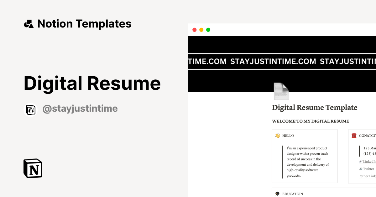 Digital Resume Template by STAYJUSTINTIME.COM | Notion Marketplace