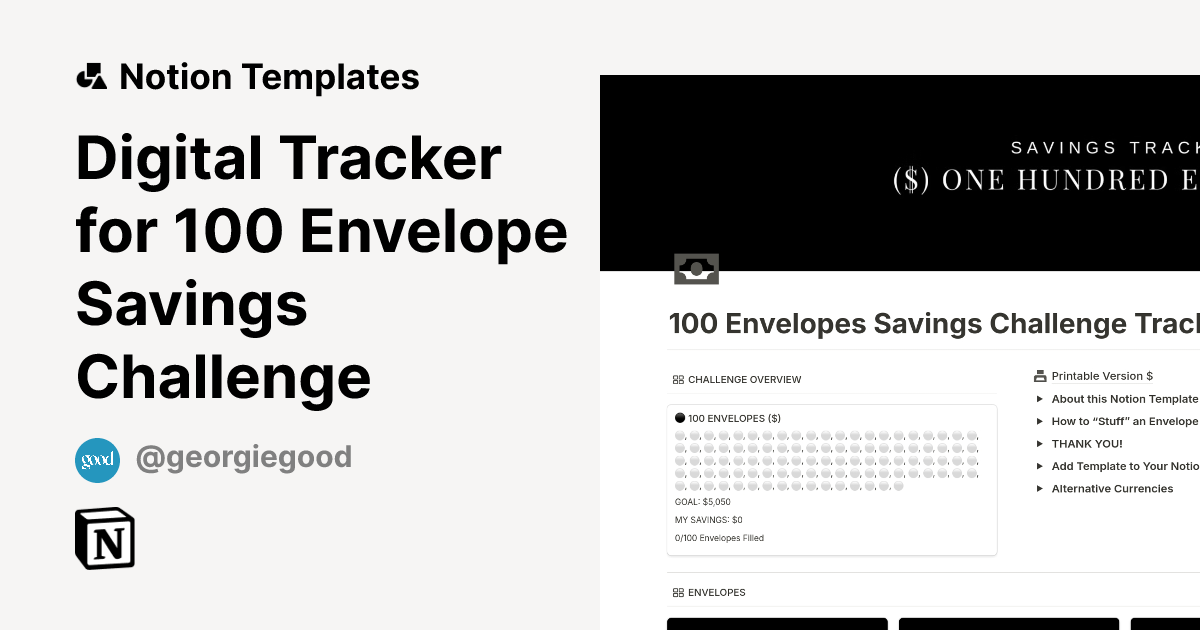 Digital Tracker for 100 Envelope Savings Challenge Template by Georgie ...