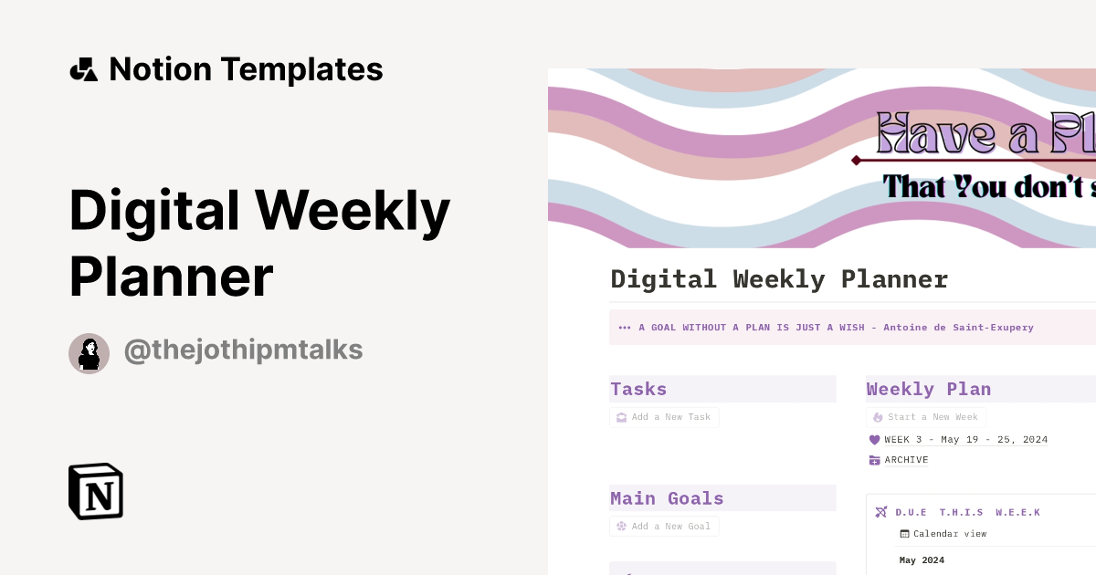 Digital Weekly Planner Template | Notion Marketplace