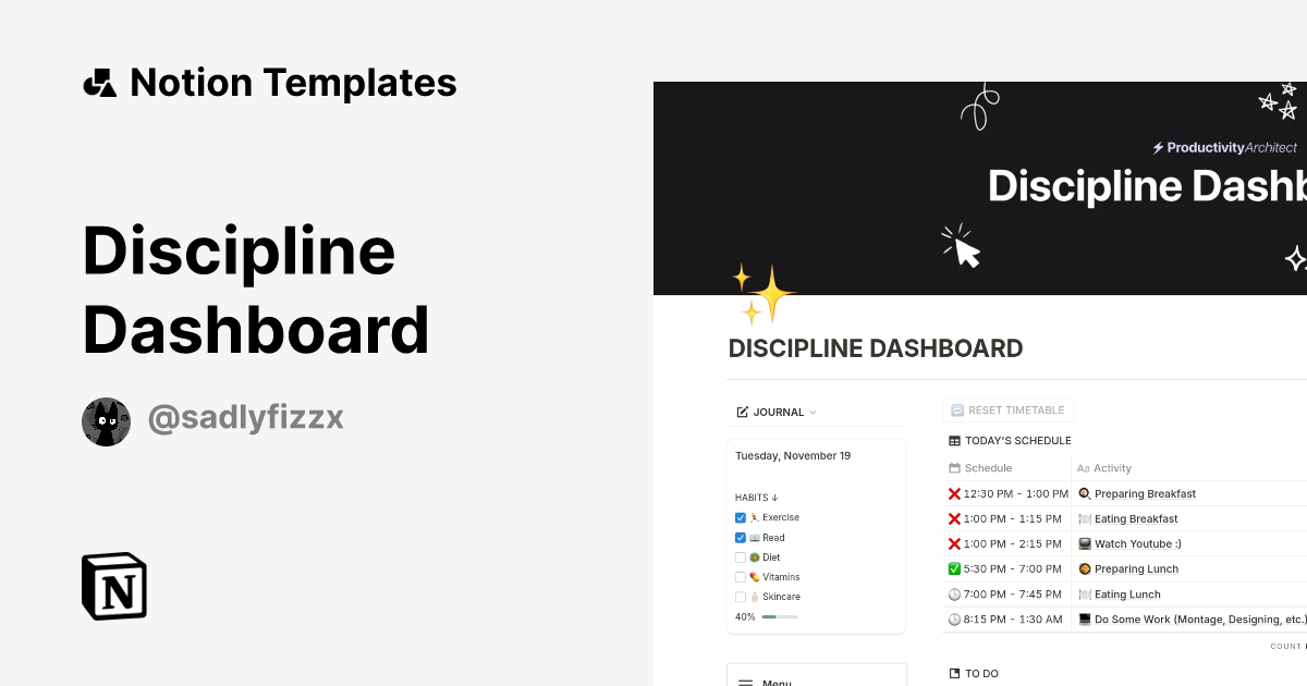 Discipline Dashboard Template by Ziad Creations | Notion Marketplace