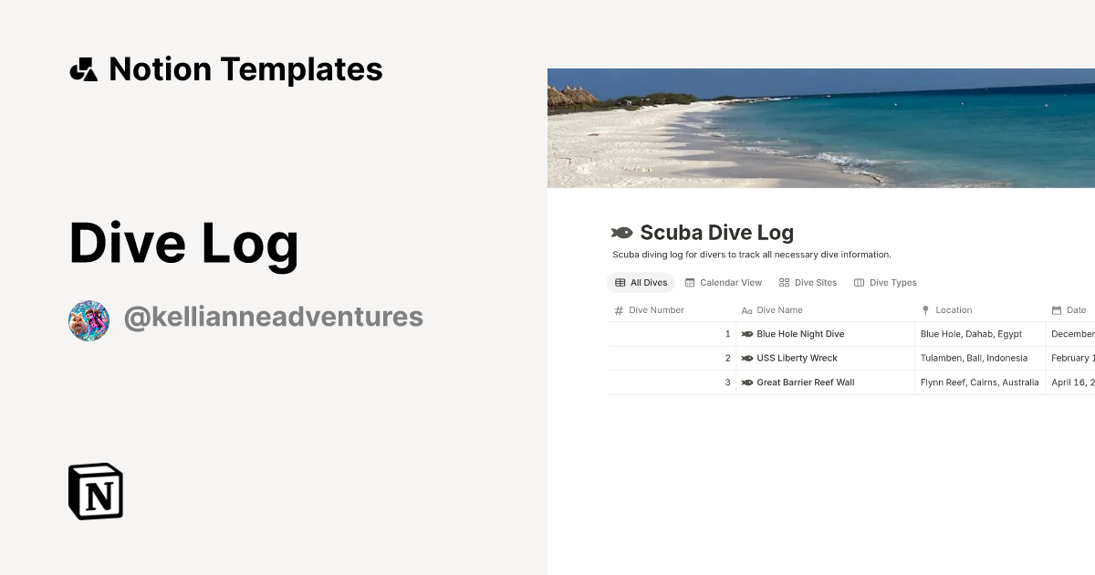 Dive Log Template by Kellianneadventures | Notion Marketplace