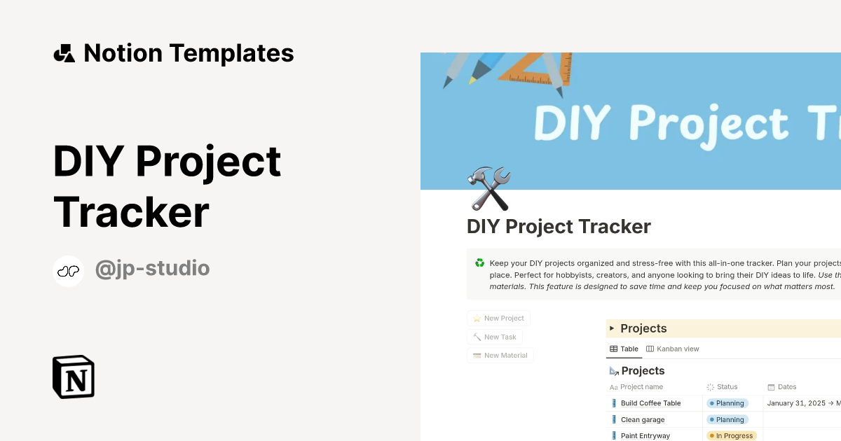 DIY Project Tracker Template by JP-Studio | Notion Marketplace