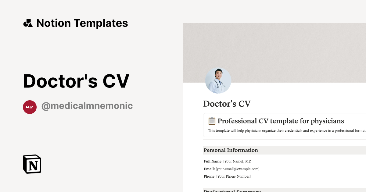 Doctor's CV Template by Medical mnemonic | Notion Marketplace