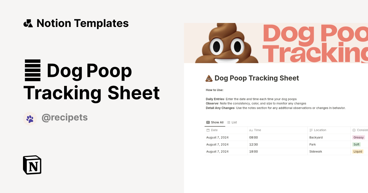💩 Dog Poop Tracking Sheet Template by Recipets | Notion Marketplace