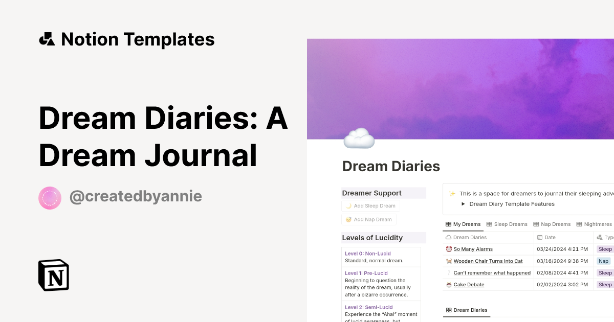 Dream Diaries: A Dream Journal Template | Notion Marketplace