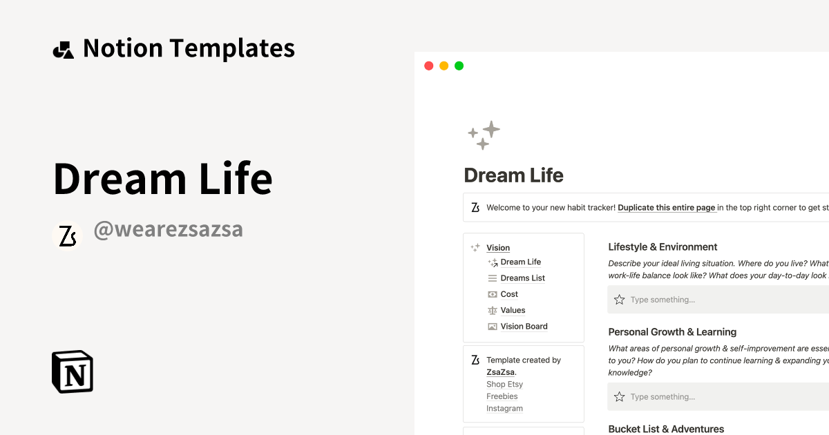 Dream Life Template by ZsaZsa | Notion Marketplace