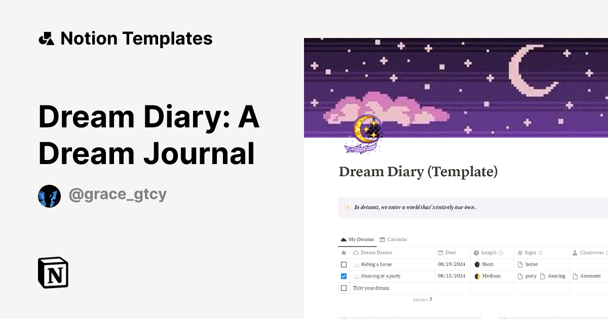 Dream Diary: A Dream Journal Template by Grace | Notion Marketplace