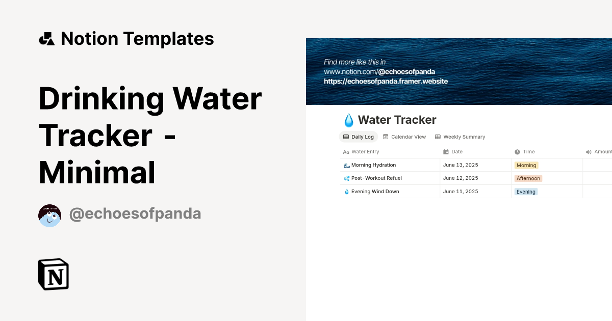 Drinking Water Tracker - Minimal Template by Echoes of Panda🐼 | Notion ...