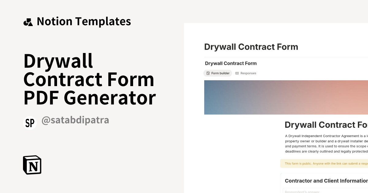 Drywall Contract Form PDF Generator Template by Satabdi Patra | Notion ...