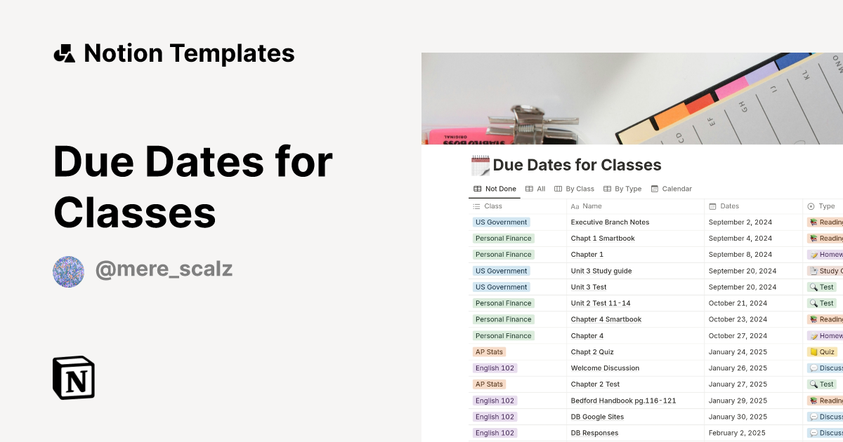 Due Dates for Classes Template | Notion Marketplace