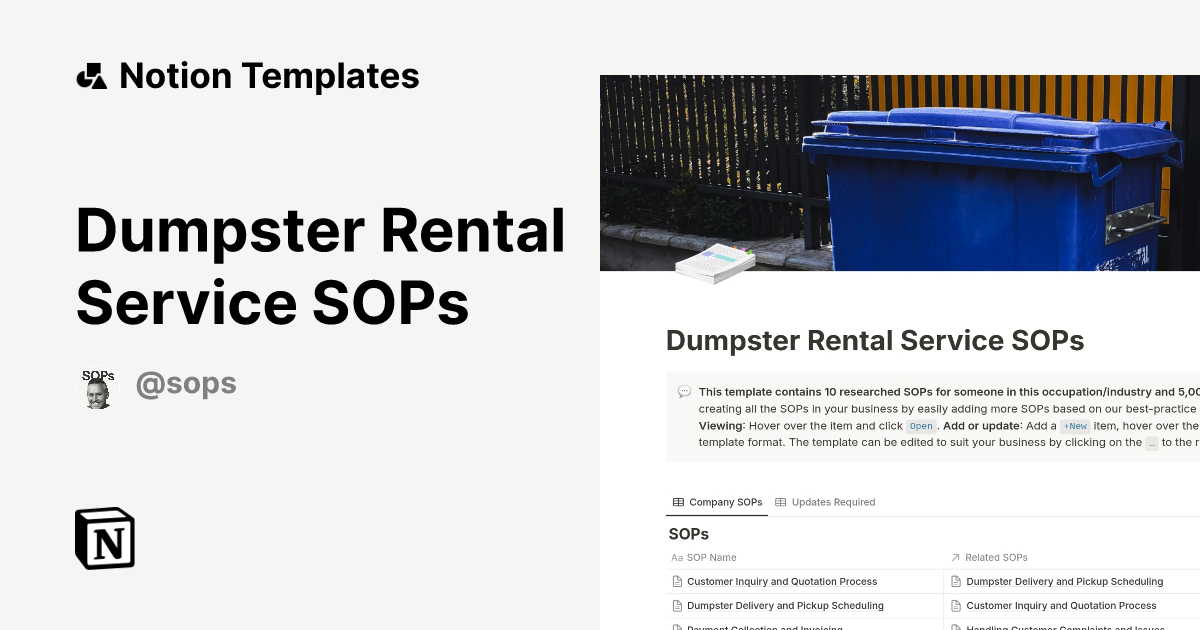 Dumpster Rental Service SOPs Template by SOPs | Notion Marketplace