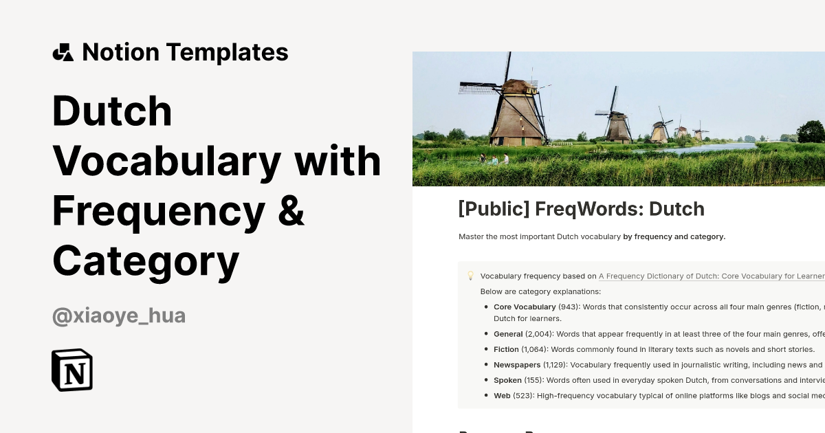 Dutch Vocabulary with Frequency & Category Template | Notion Marketplace