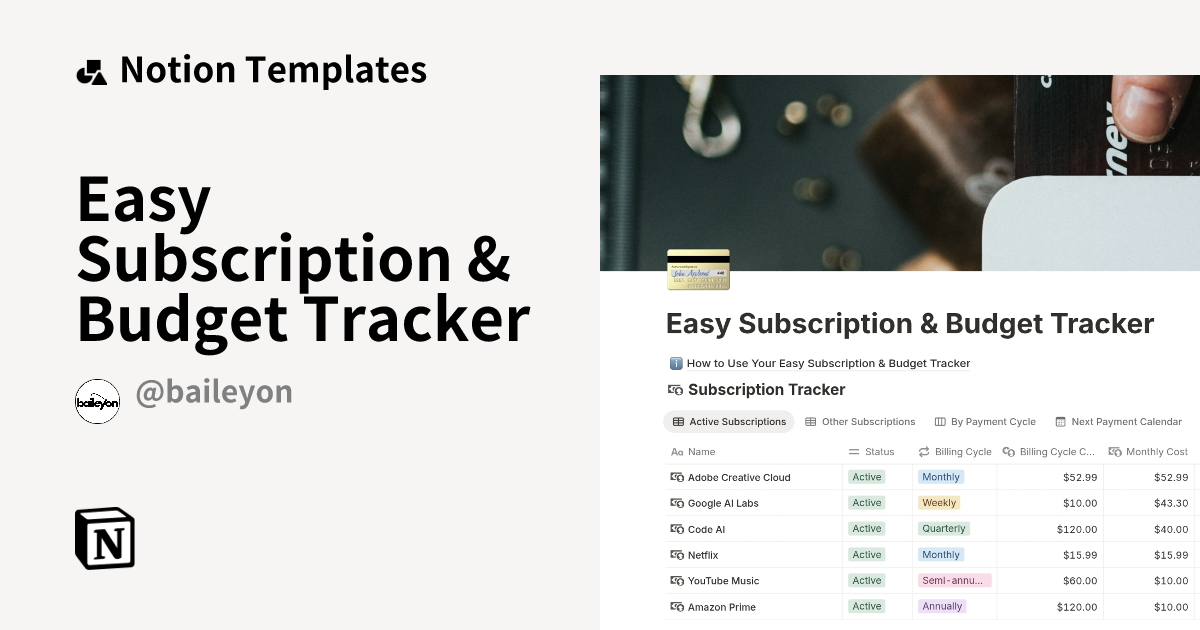 Easy Subscription & Budget Tracker Template by baileyon | Notion ...