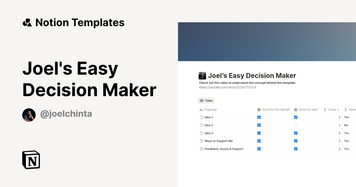 Joel's Easy Decision Maker Template | Notion Marketplace