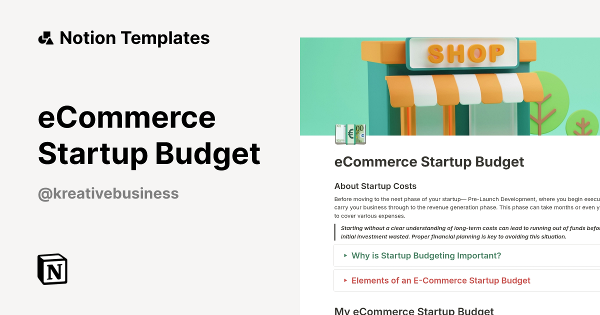 eCommerce Startup Budget Template by Kreative Business | Notion Marketplace