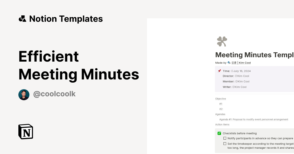 Efficient Meeting Minutes Template by coolcoolk | Notion Marketplace