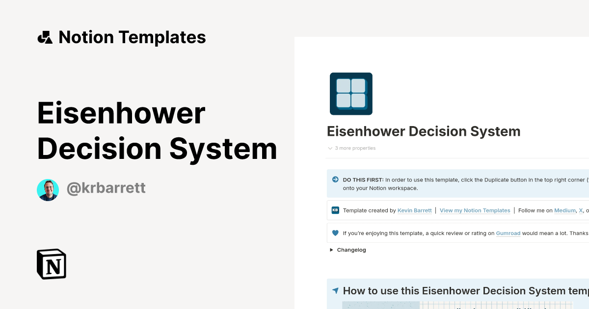 Eisenhower Decision System Template by Kevin Barrett | Notion Marketplace