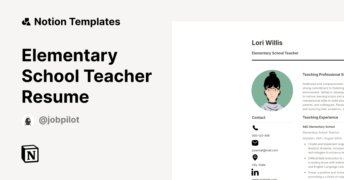 Elementary School Teacher Resume Template by Job Pilot | Notion Marketplace