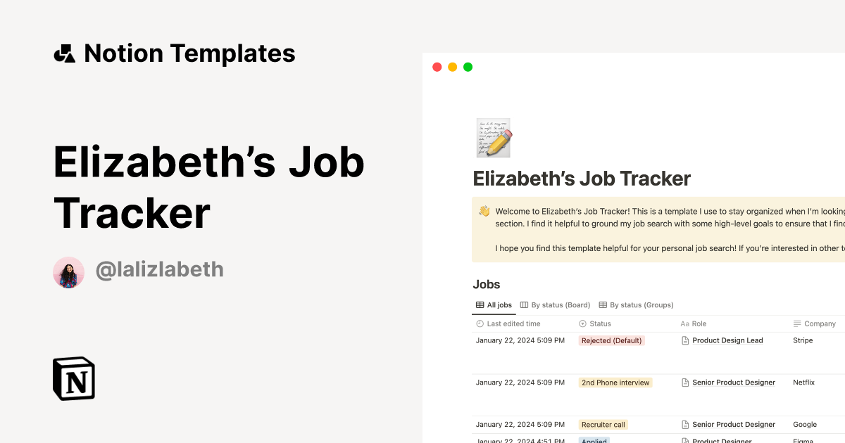 Elizabeth’s Job Tracker Template by Elizabeth Lin | Notion Marketplace Elizabeth’s Job Tracker Template by Elizabeth Lin | Notion Marketplace