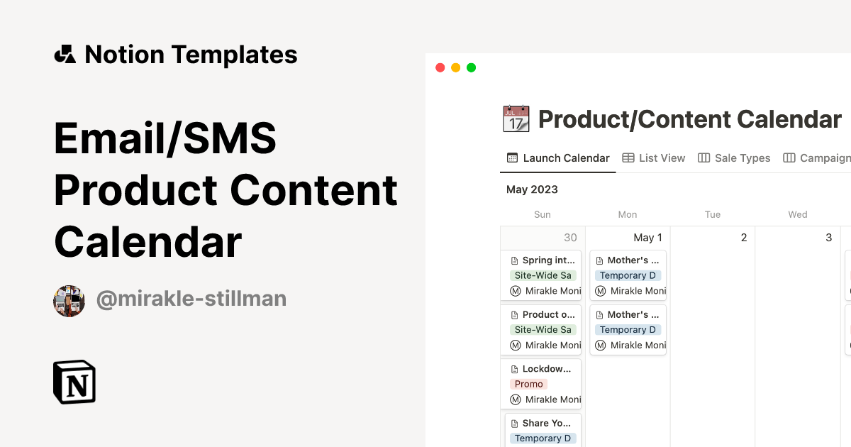 Email/SMS Product Content Calendar Template | Notion Marketplace