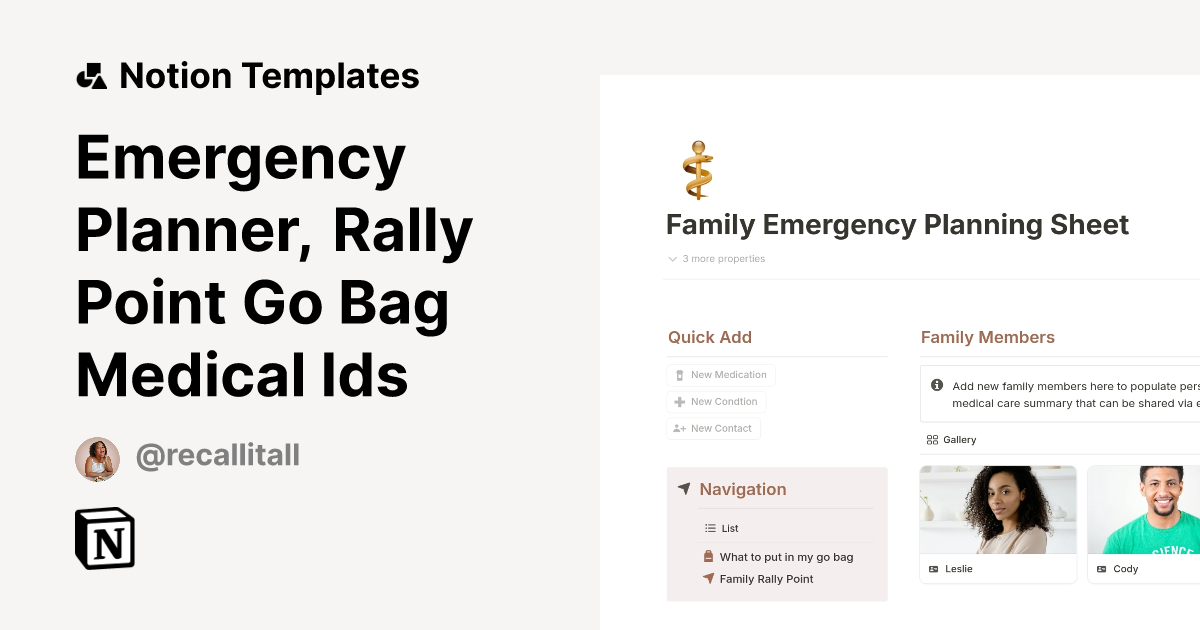 Emergency Planner, Rally Point Go Bag Medical Ids Template by Lez ...