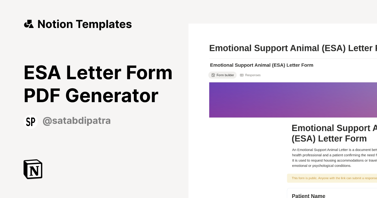 ESA Letter Form PDF Generator Template | Notion Marketplace