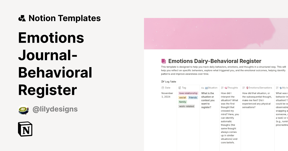 Emotions Journal-Behavioral Register Template | Notion Marketplace