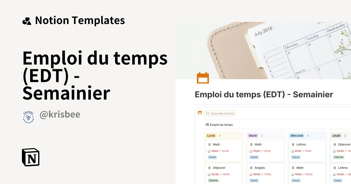 Emploi du temps (EDT) - Semainier Template by KRISBEE | Notion Marketplace