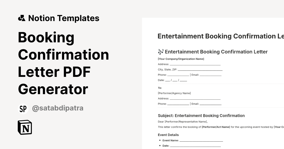 Booking Confirmation Letter PDF Generator Template by Satabdi Patra ...
