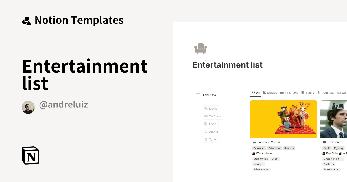 Entertainment list Template by André Luiz | Notion Marketplace