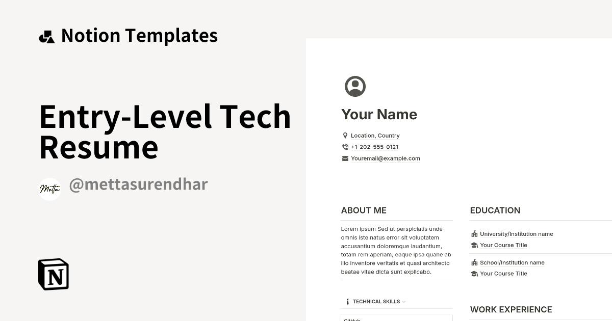 Entry-Level Tech Resume Template by Metta's Creations | Notion Marketplace