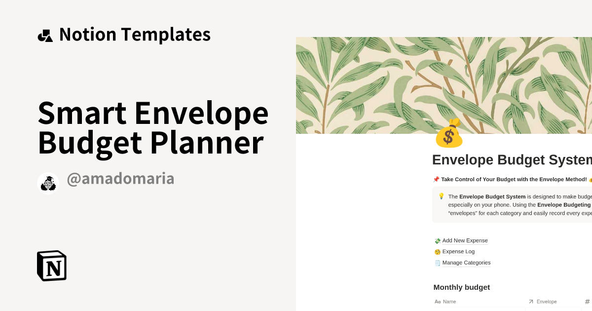 Smart Envelope Budget Planner Template by Maria Amado | Notion Marketplace