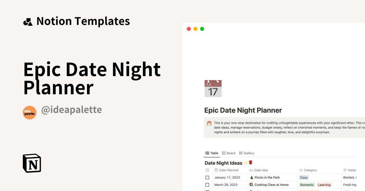 Epic Date Night Planner Template by Idea Palette | Notion Marketplace