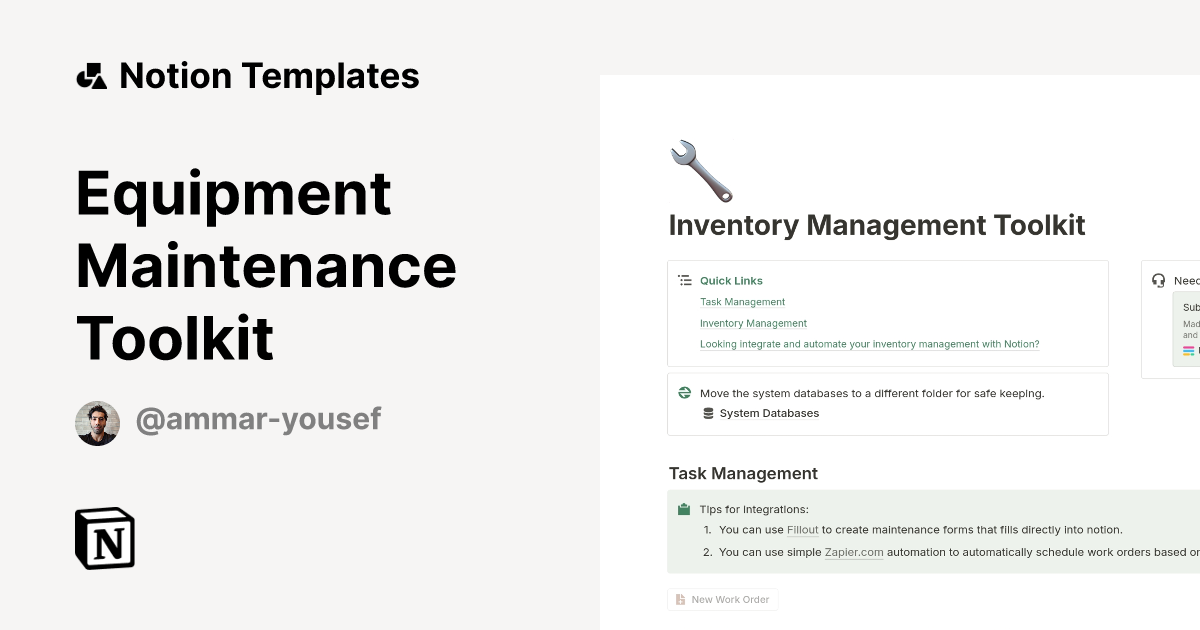 Equipment Maintenance Toolkit Template by Ammar Yousef | Notion Marketplace