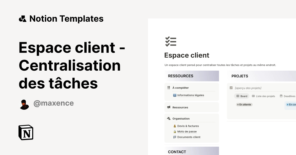 Espace client - Centralisation des tâches Template by Maxence | Éclosion® | Notion Marketplace